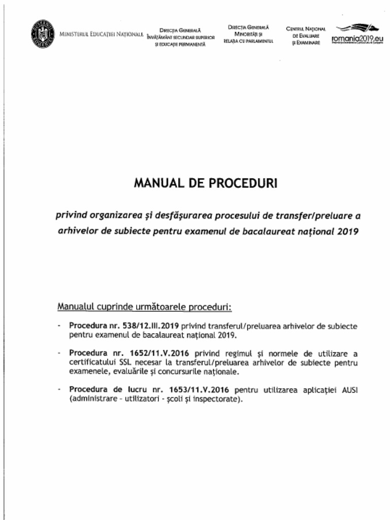 Manual Proceduri BACALAUREAT Martie 2019 | PDF