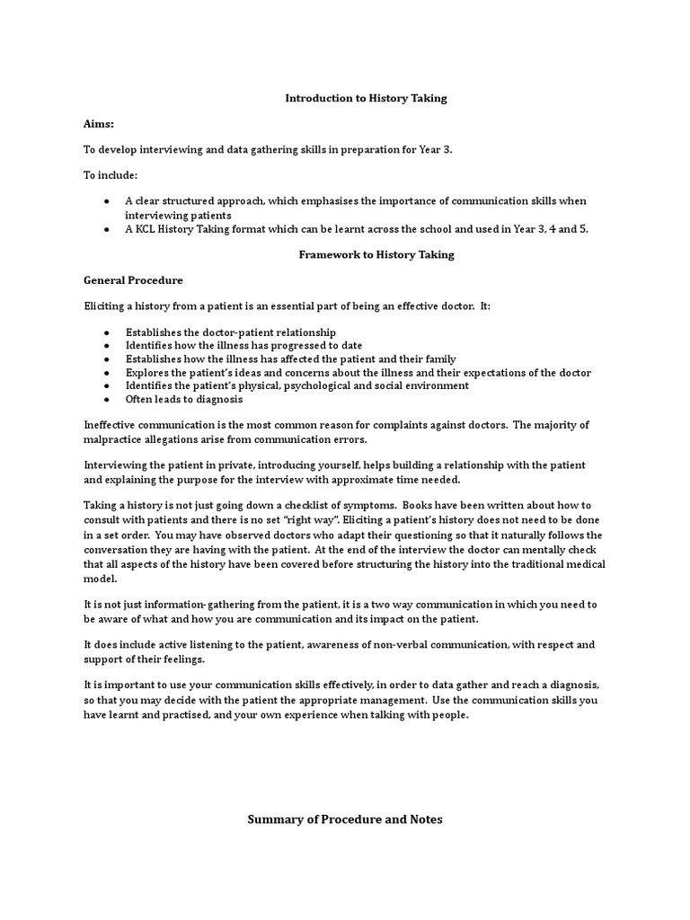 Introduction To History Taking Aims:: Summary of Procedure and Notes ...