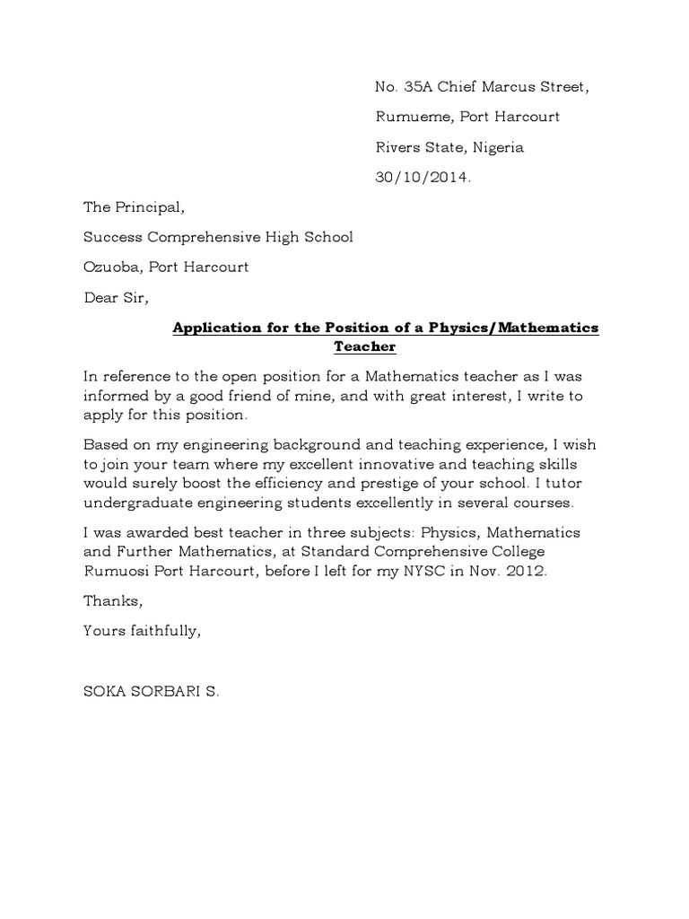 Physics/Math Teacher Application Letter | PDF