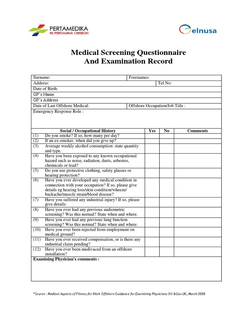 Medical Screening Questionnaire and Examination Record: Social ...