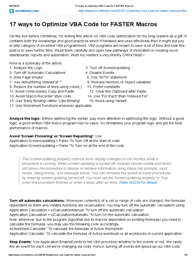 17 Ways To Optimize Vba Code For Faster Macros Pdf Visual Basic For Applications Microsoft 