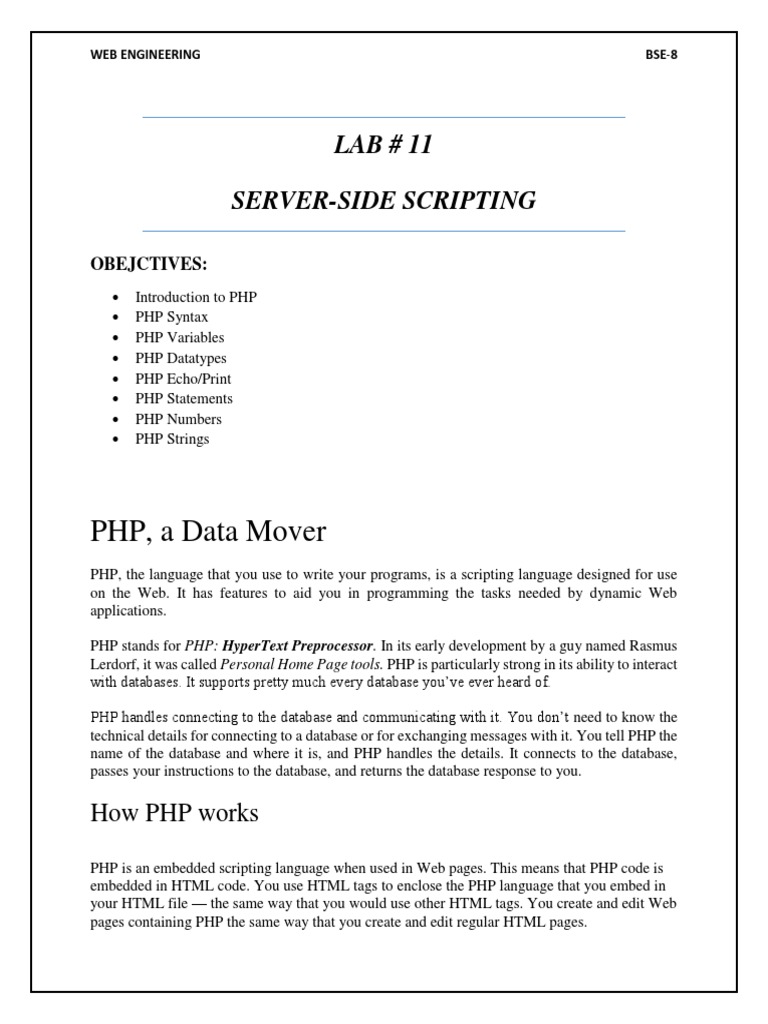 PHP, A Data Mover: LAB # 11 Server-Side Scripting | PDF | Php | Web Server