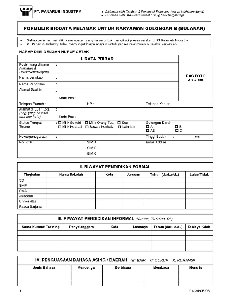 Form Biodata Pelamar | PDF