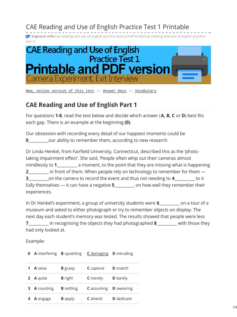 Engexam - info-CAE Reading and Use of English Practice Test 1 Printable ...