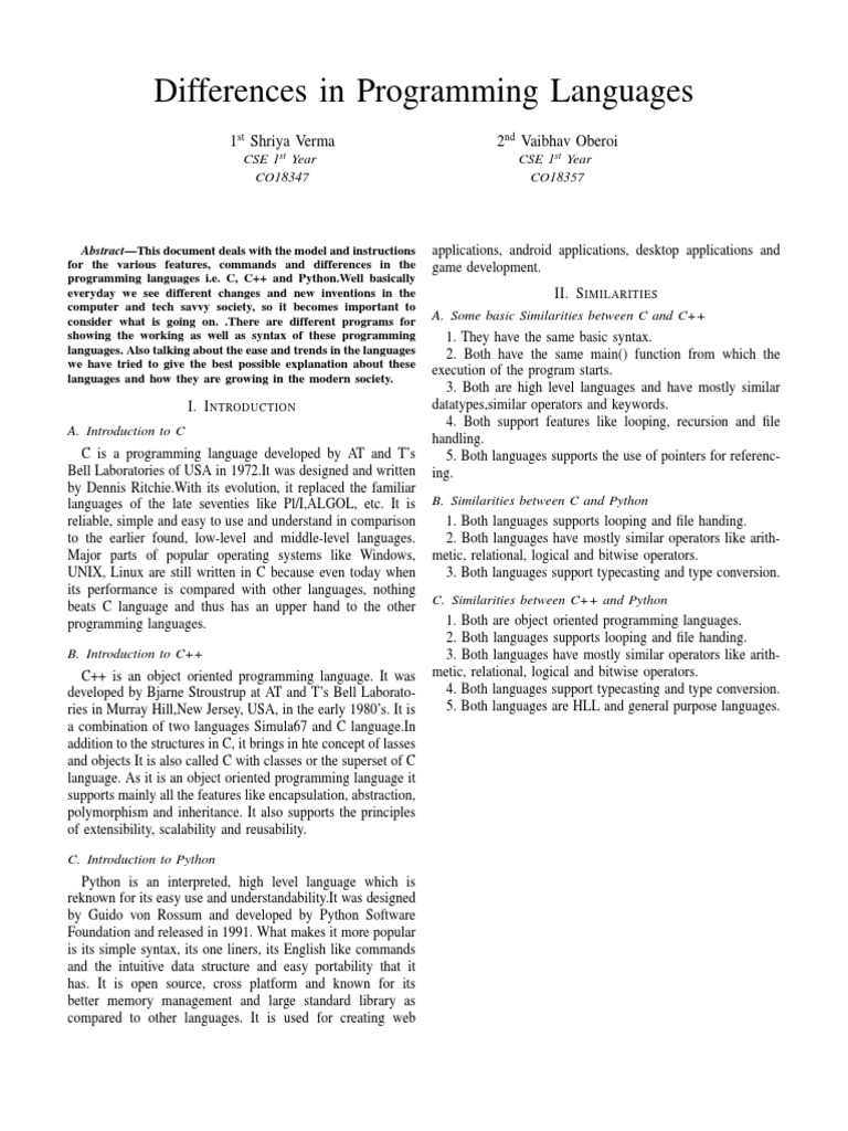 Differences in Programming Languages: 1 Shriya Verma 2 Vaibhav Oberoi ...