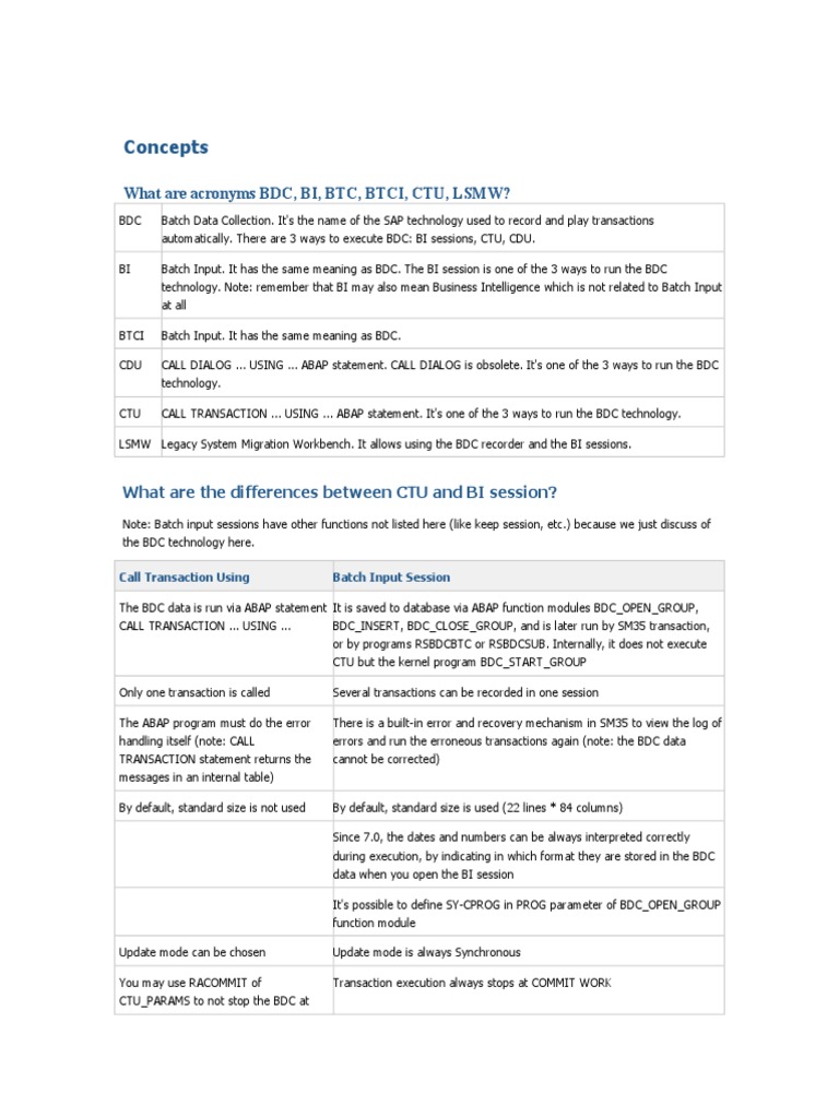 Concepts: What Are Acronyms BDC, BI, BTC, BTCI, CTU, LSMW? | PDF | Subroutine | Database Transaction