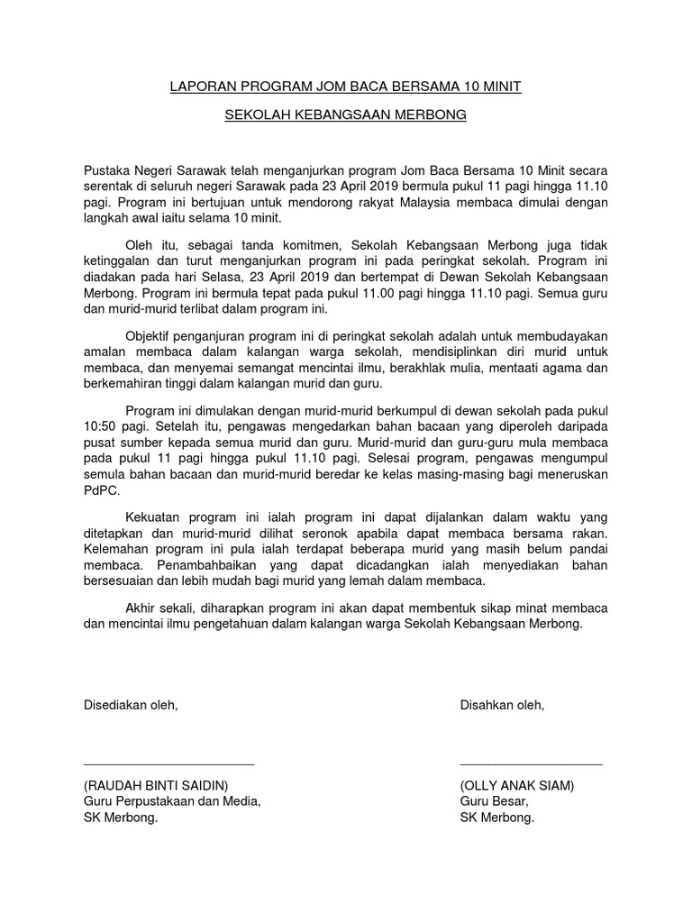 Laporan Program Jom Baca Bersama 10 Minit | PDF