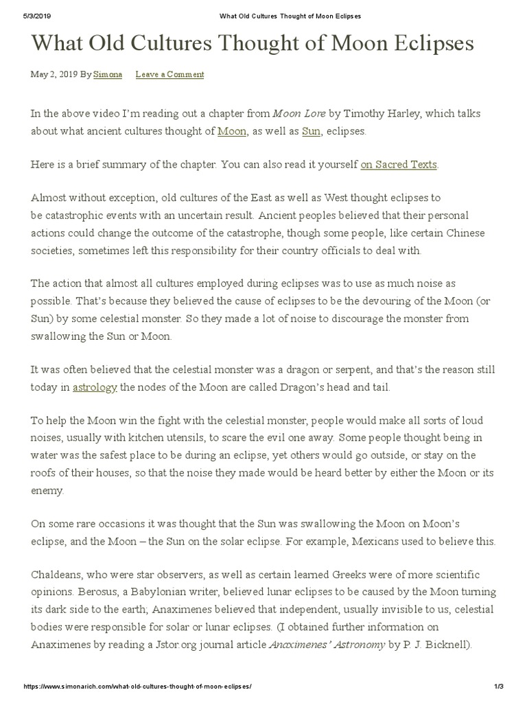 What Old Cultures Thought of Moon Eclipses | PDF | Eclipse | Moon