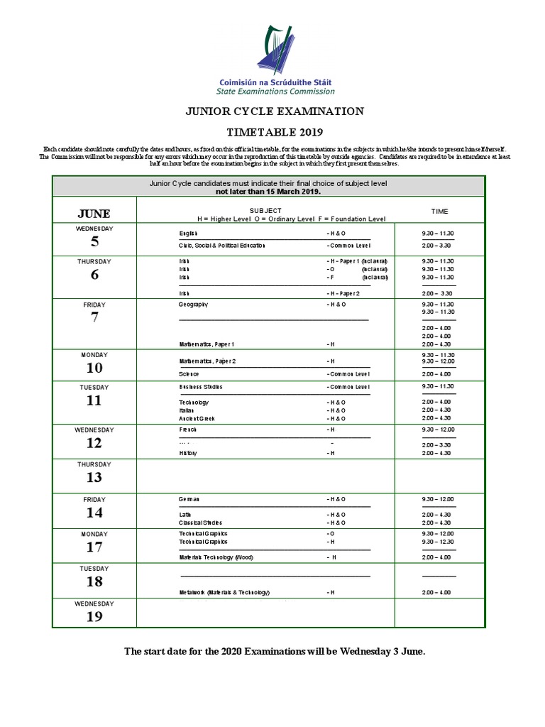 Junior Cycle Examination Timetable 2019: The Start Date For The 2020 ...