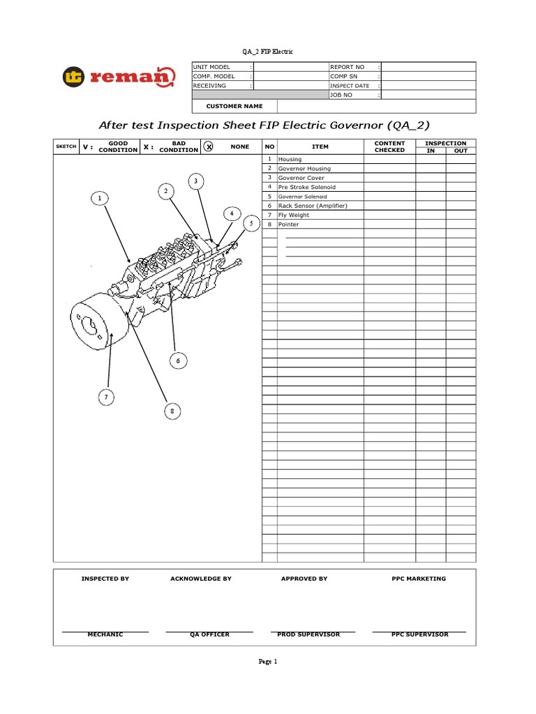 After Test Inspection Sheet FIP Electric Governor (QA - 2) | PDF
