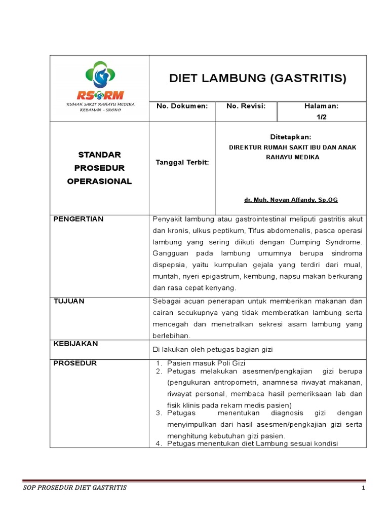 Sop Prosedur Diet Gastritis | PDF