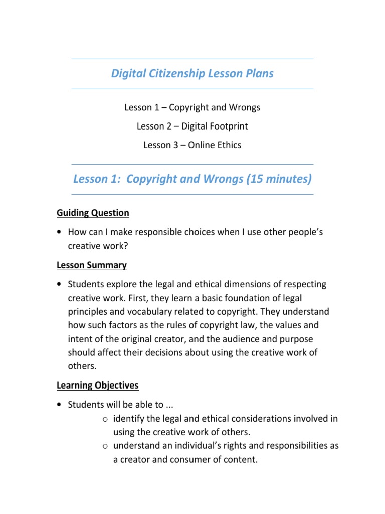 Digital Citizenship Lesson Plans: Guiding Question | PDF | Fair Use ...