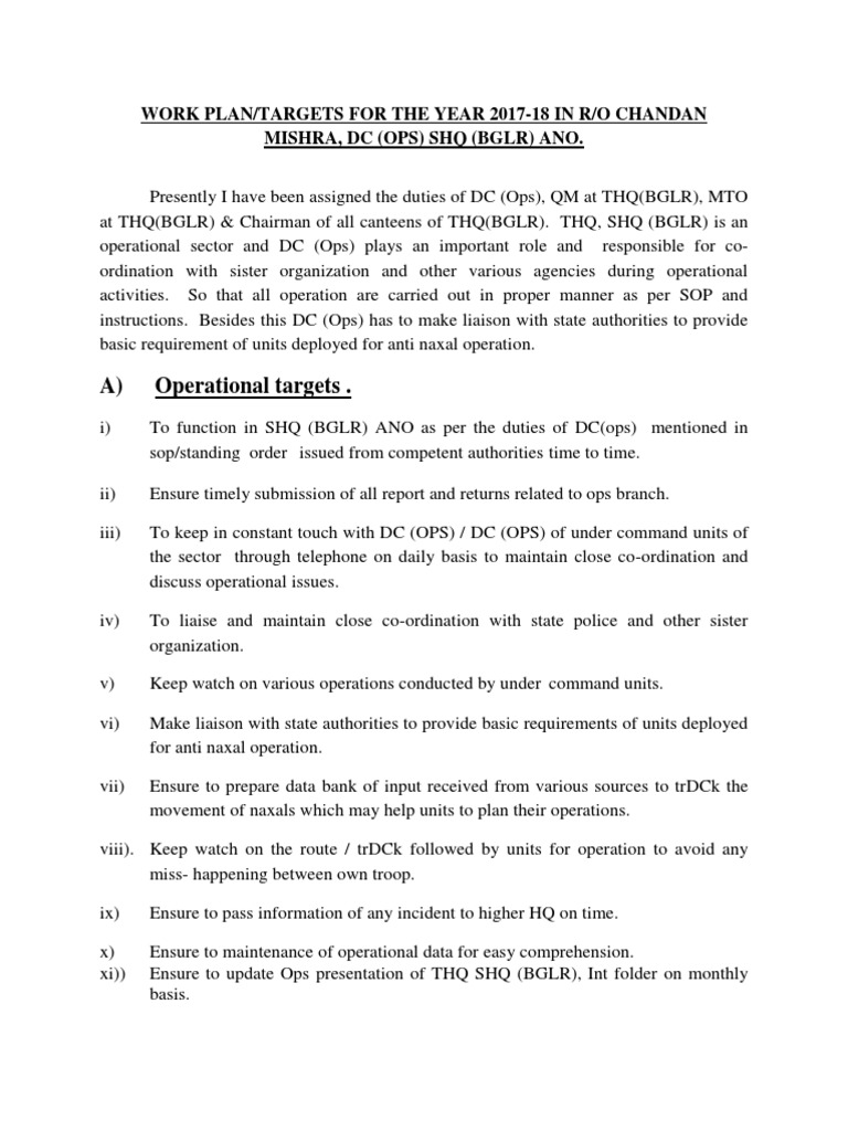 A) Operational Targets .: Work Plan/Targets For The Year 2017-18 in R/O ...