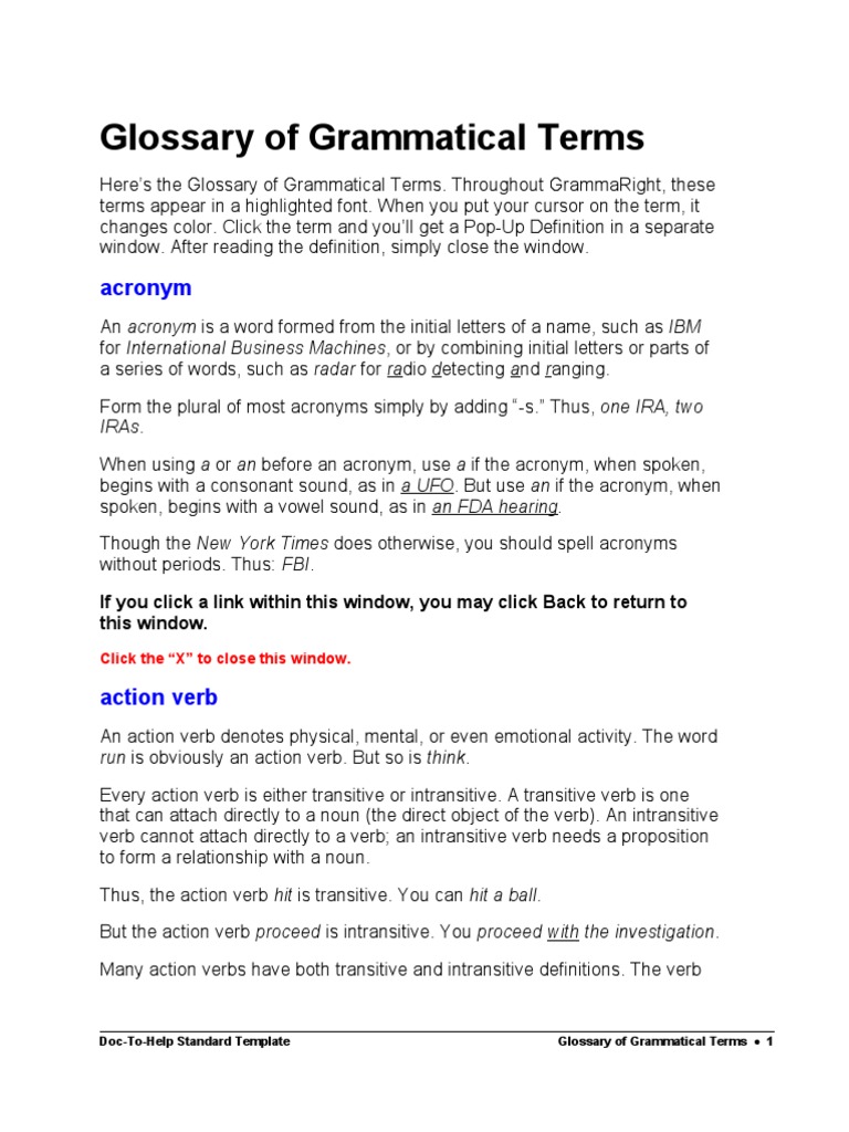 Grammatical Terms Glossary | PDF | Adjective | Verb