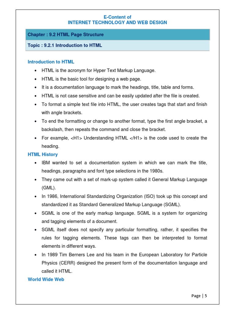 Chapter: 9.2 HTML Page Structure Topic: 9.2.1 Introduction To HTML | Download Free PDF | Html ...