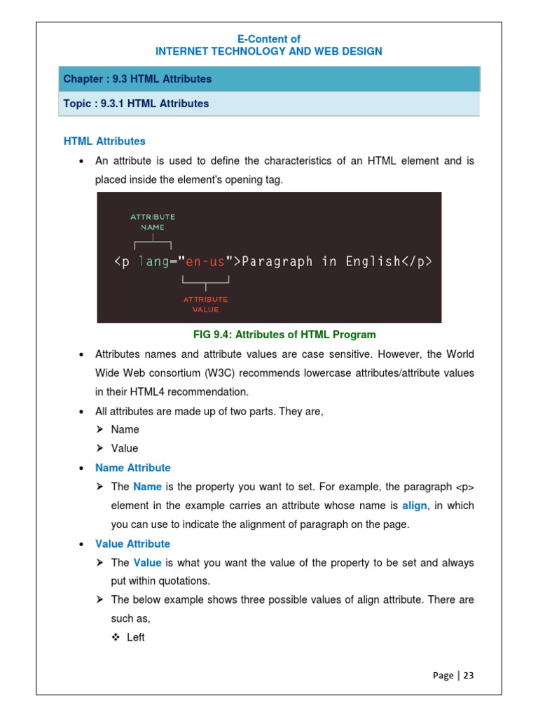 Chapter: 9.3 HTML Attributes Topic: 9.3.1 HTML Attributes: E-Content of ...