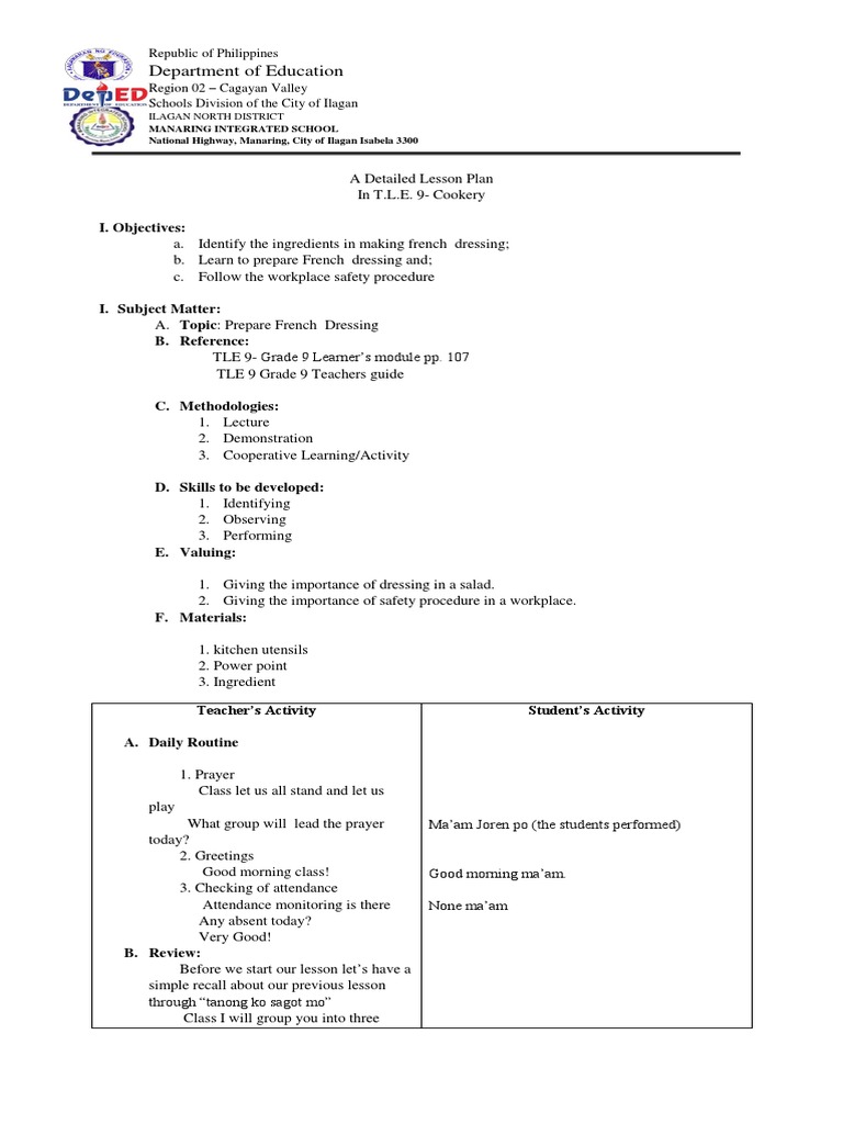 Detailed Lesson Plan in TLE | Download Free PDF | Salad | Lesson Plan