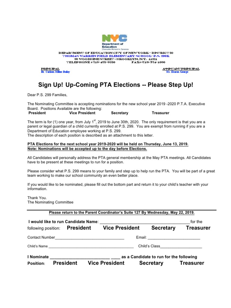 P.S. 299 PTA Election Nominations 2019-2020 | PDF | Non Profit ...