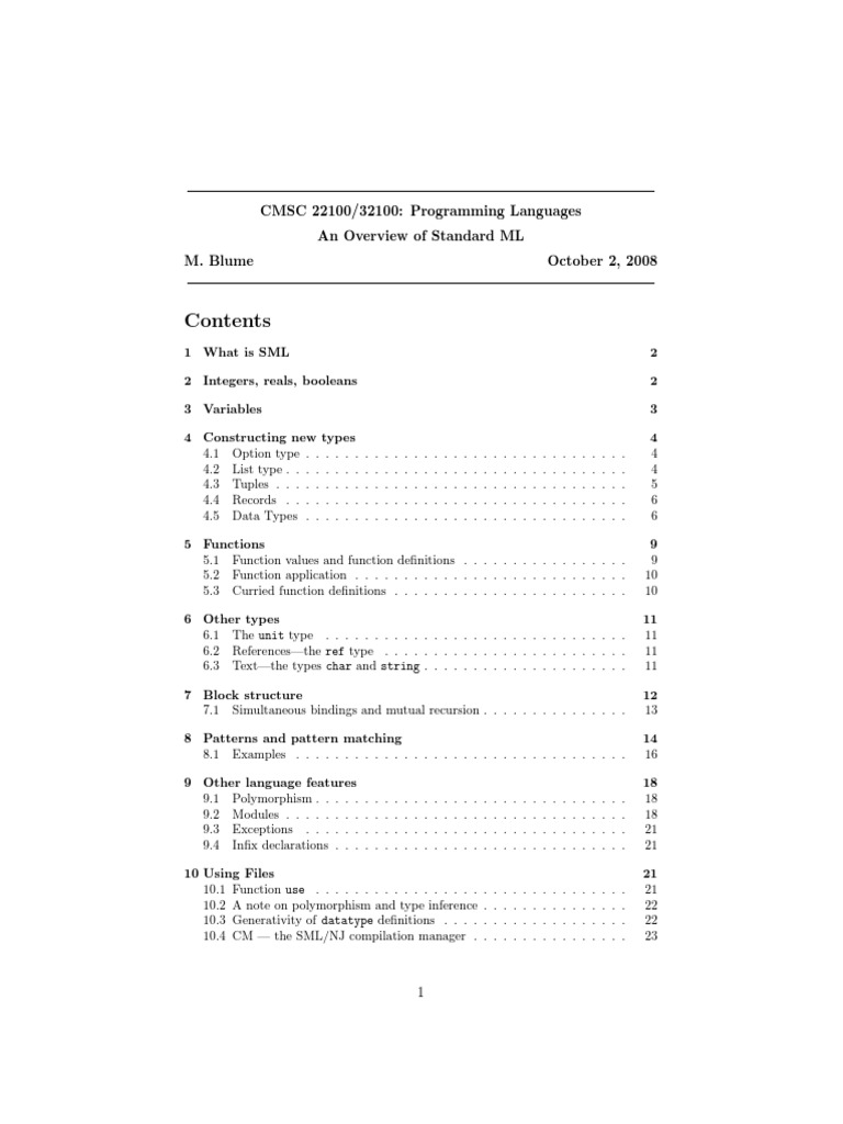 CMSC 22100/32100: Programming Languages An Overview of Standard ML M ...