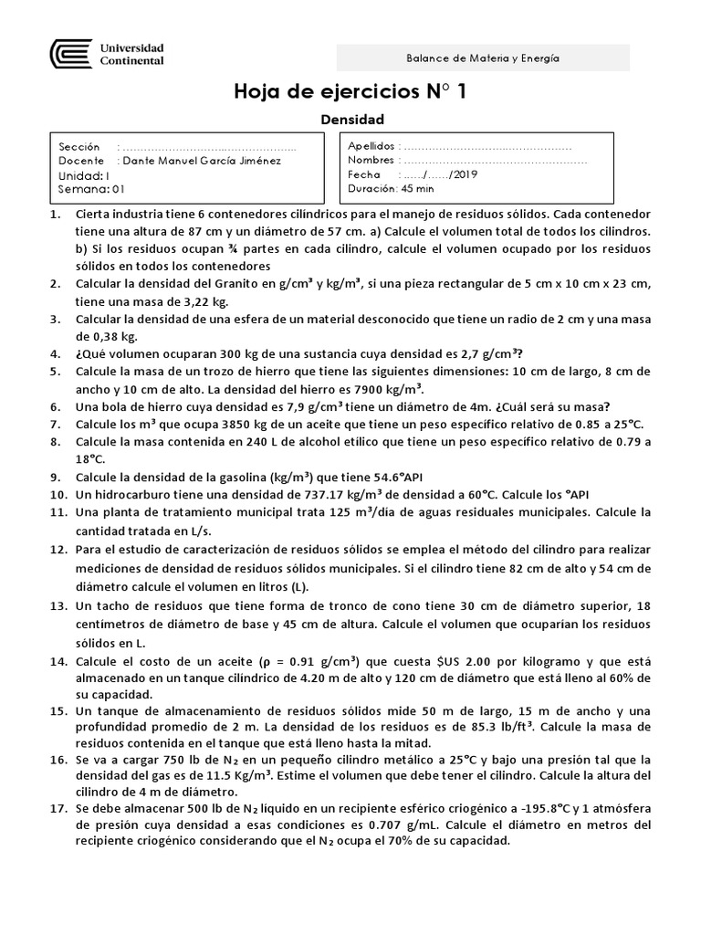 Semana02 2 Hoja de Ejercicios 1 Densidad PDF | PDF | Densidad | Kilogramo