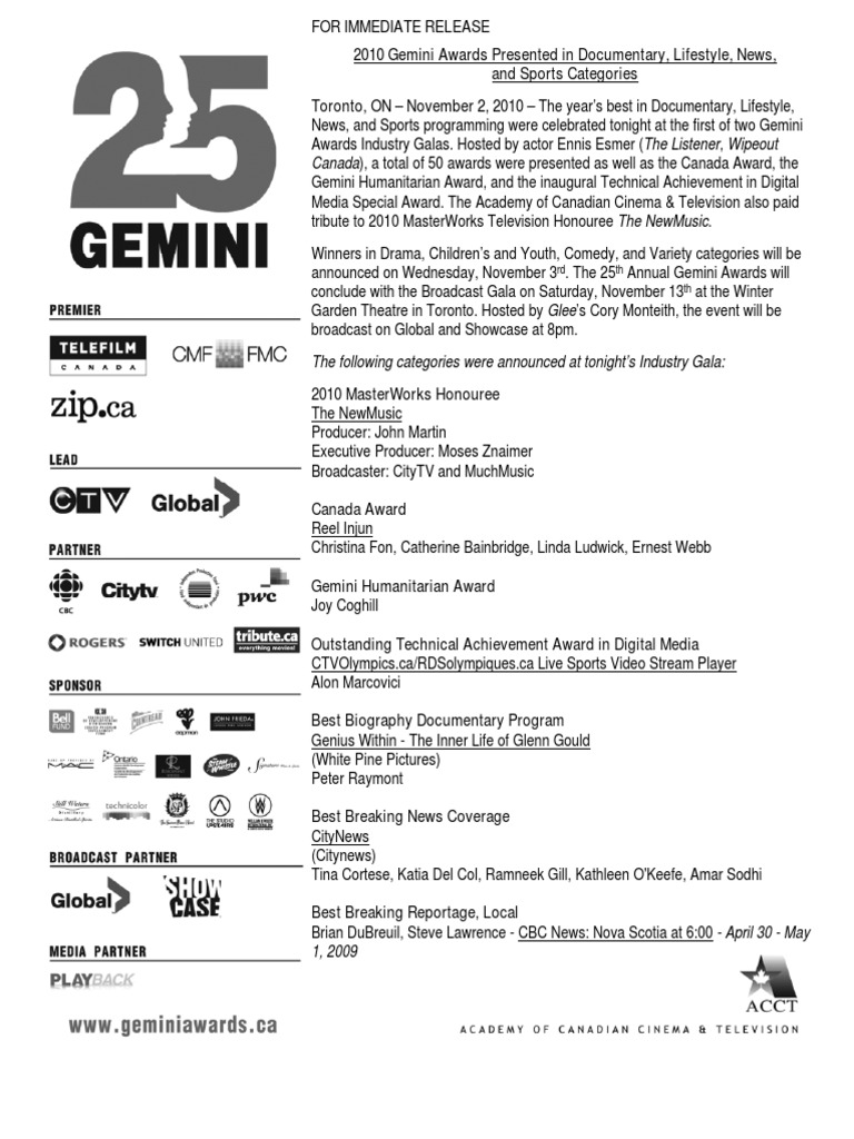 2010 Gemini Award Winners November 2 2010 | PDF | Television | Leisure