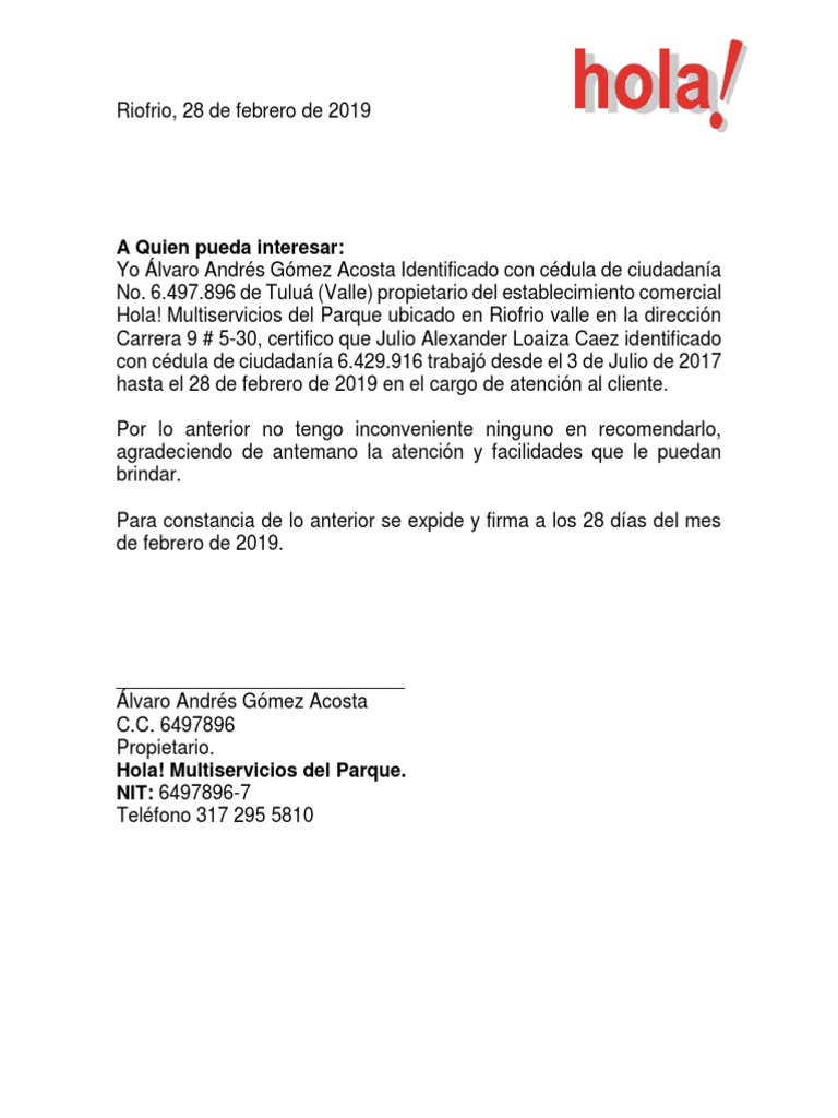 Carta Laboral para Firmar | PDF