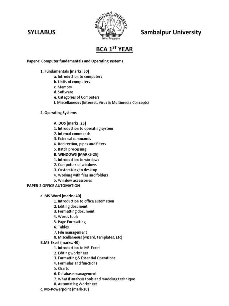 BCA Syllabus Sambalpur University | PDF | Integral | C (Programming ...