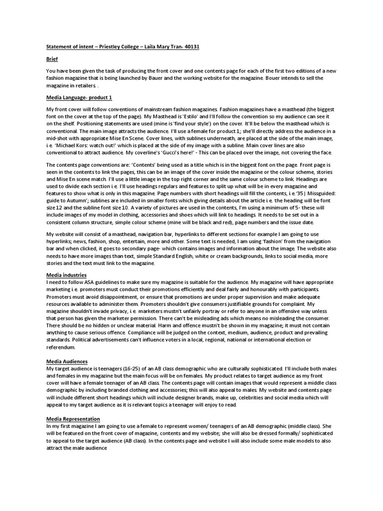 Statement of Intent | PDF | Target Audience | Magazines