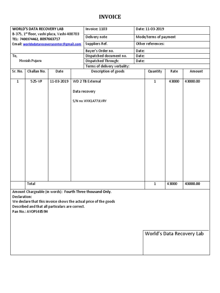 Invoice: World'S Data Recovery Lab | PDF