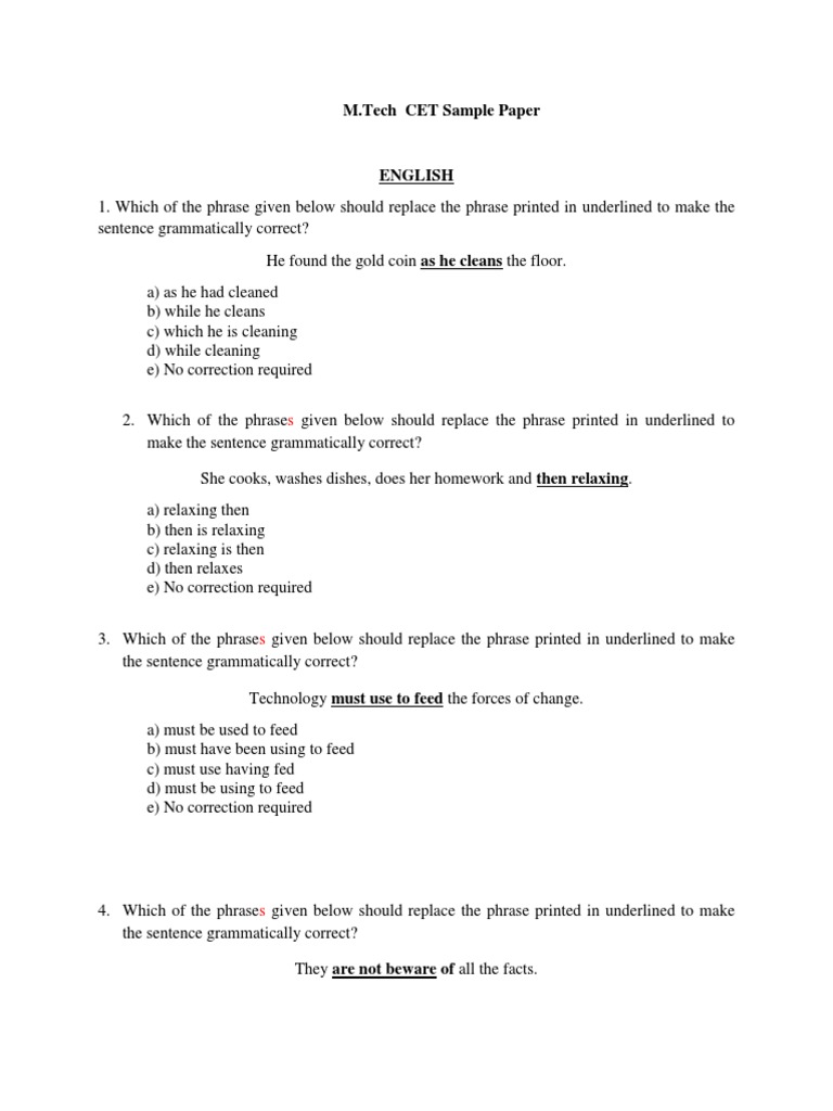 MTech CET Sample Paper: Analysis of English Language Skills and ...