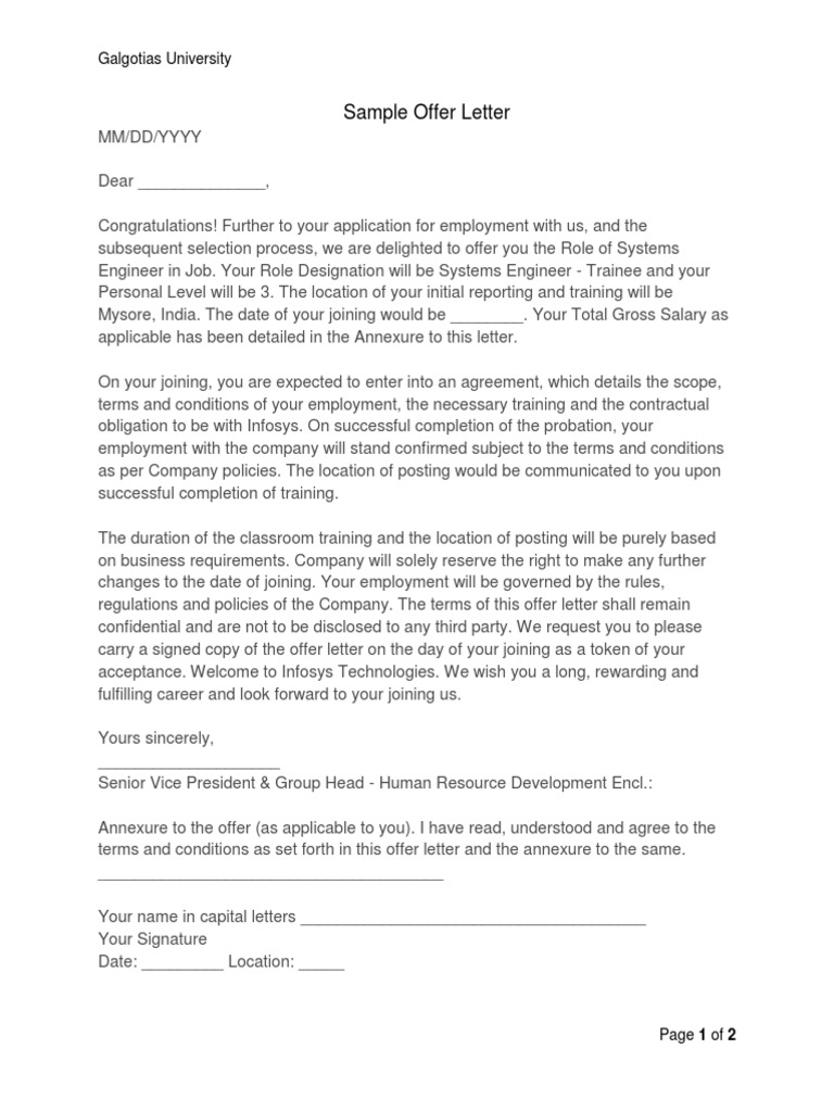 Sample Offer Letter: Galgotias University | PDF | Employment | Salary
