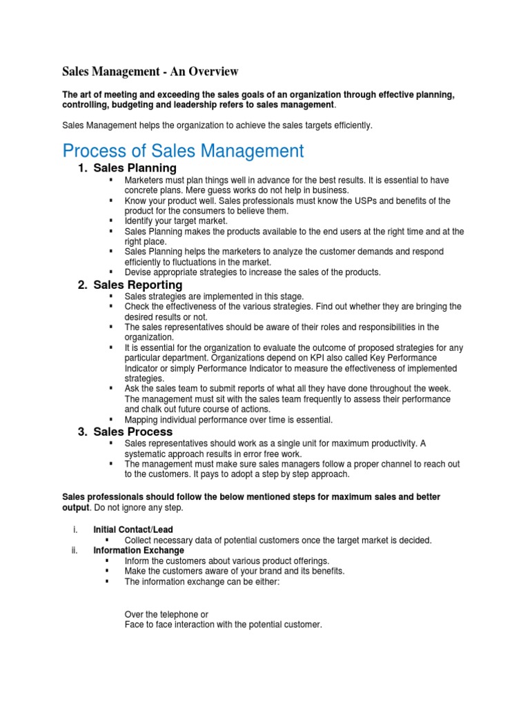 Process of Sales Management | PDF | Sales | Marketing