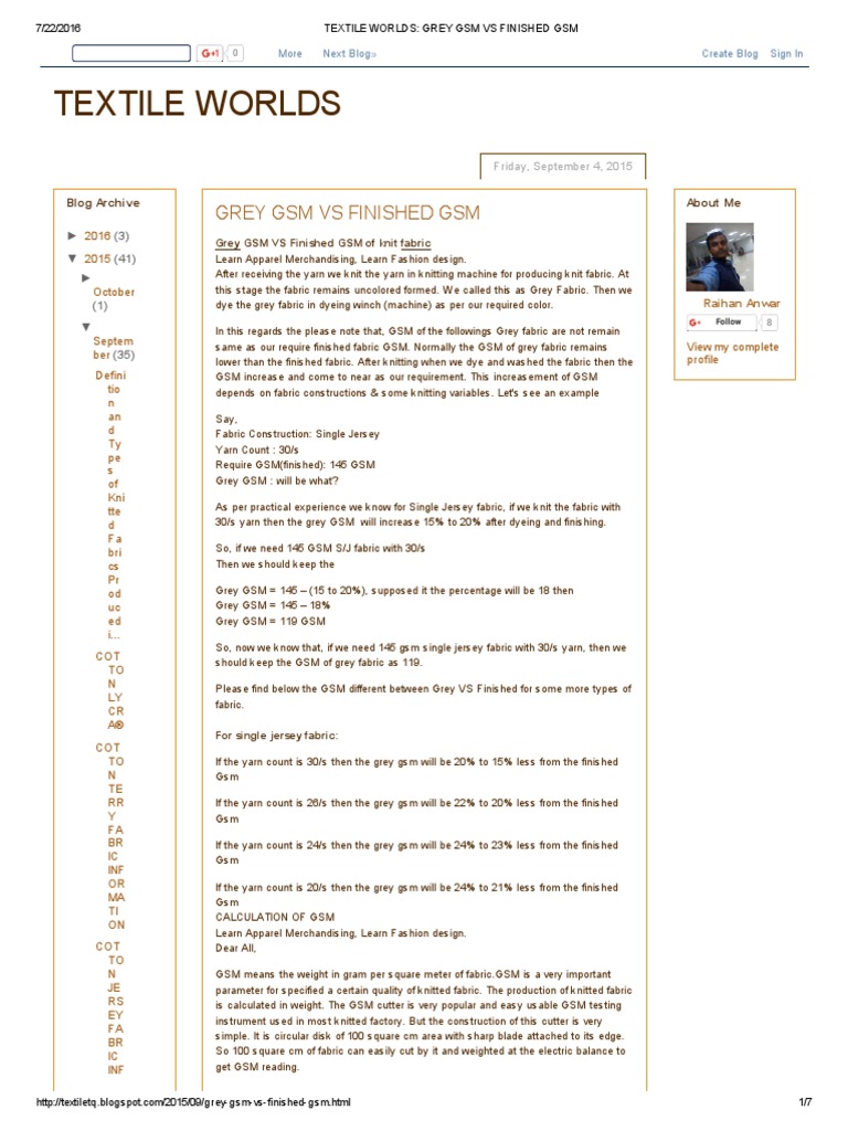 Textile Worlds - Grey GSM Vs Finished GSM | PDF | Yarn | Knitting
