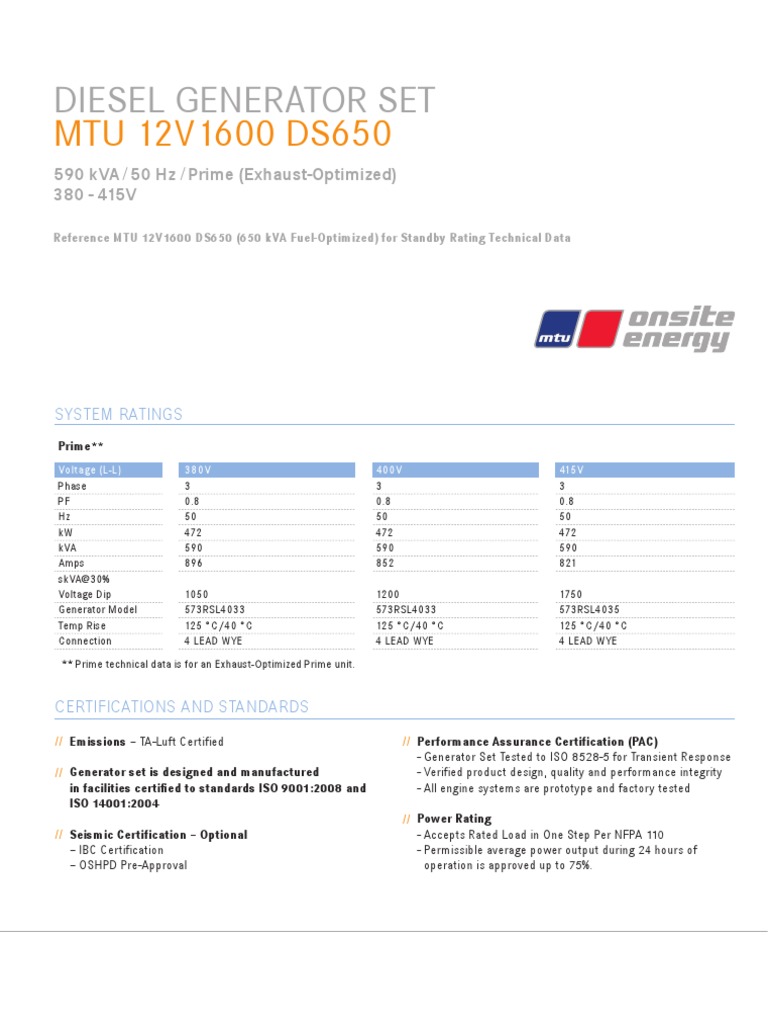 MTU 12V1600 DS650: Diesel Generator Set | PDF | Engines | Manufactured ...