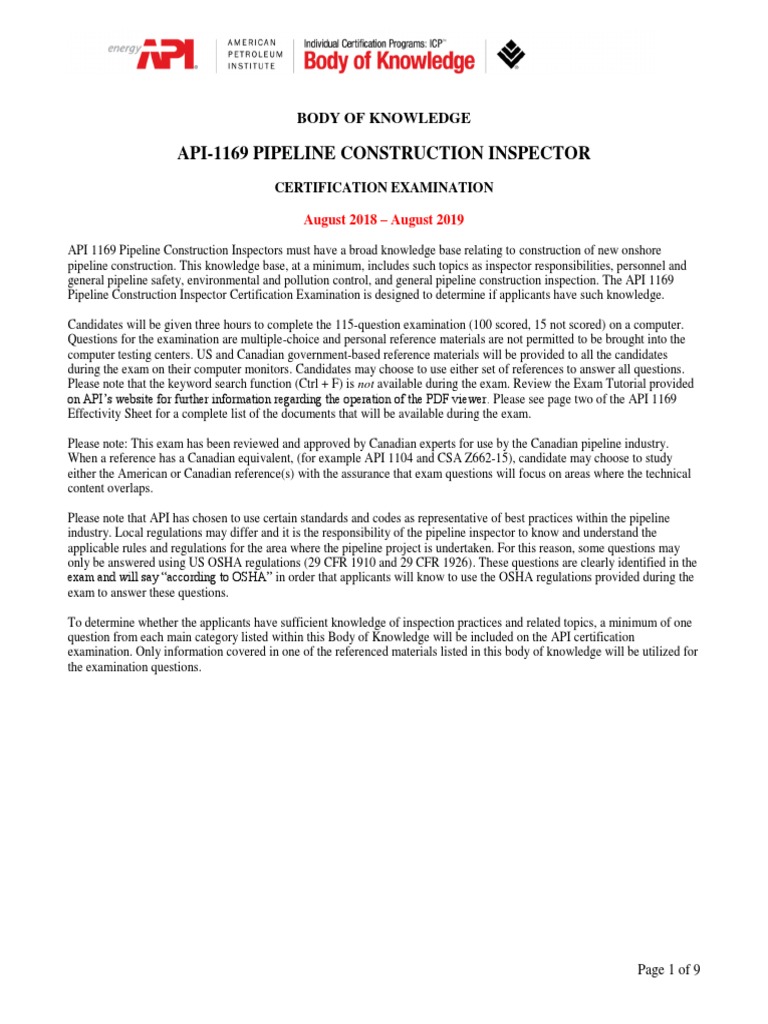 Api-1169 Pipeline Construction Inspector: Body of Knowledge | Download ...