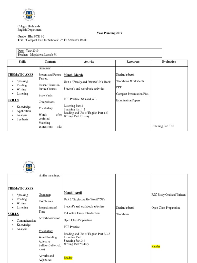 Year Planning 2019 Grade: Iiird Fce 1-2 Text: "Compact First For ...