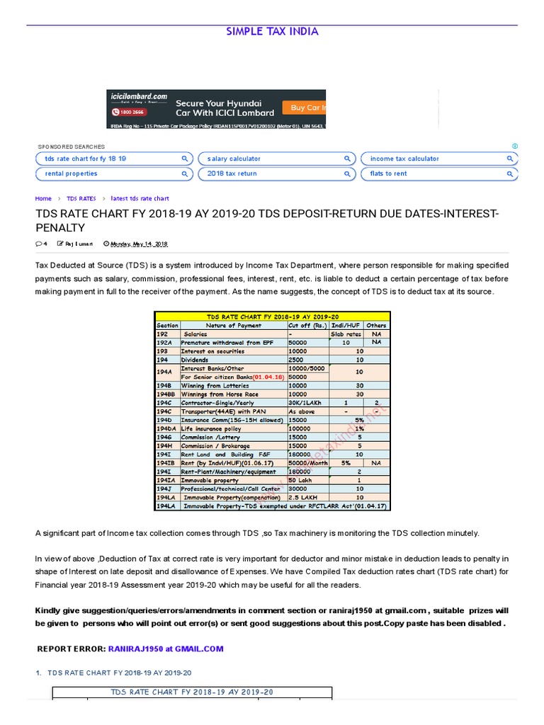 Tds Rate Chart Fy 2018-19 Ay 2019-20 Tds Deposit-Return Due Dates ...
