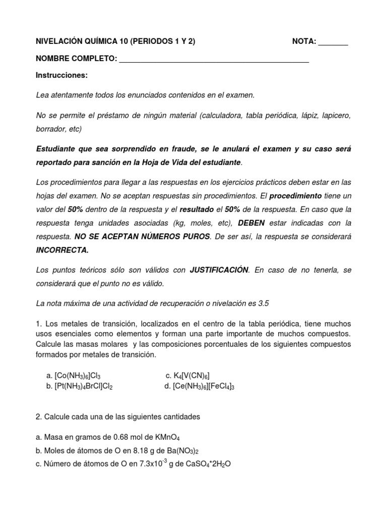 Nivelación Química 10 Pdf Masa Química