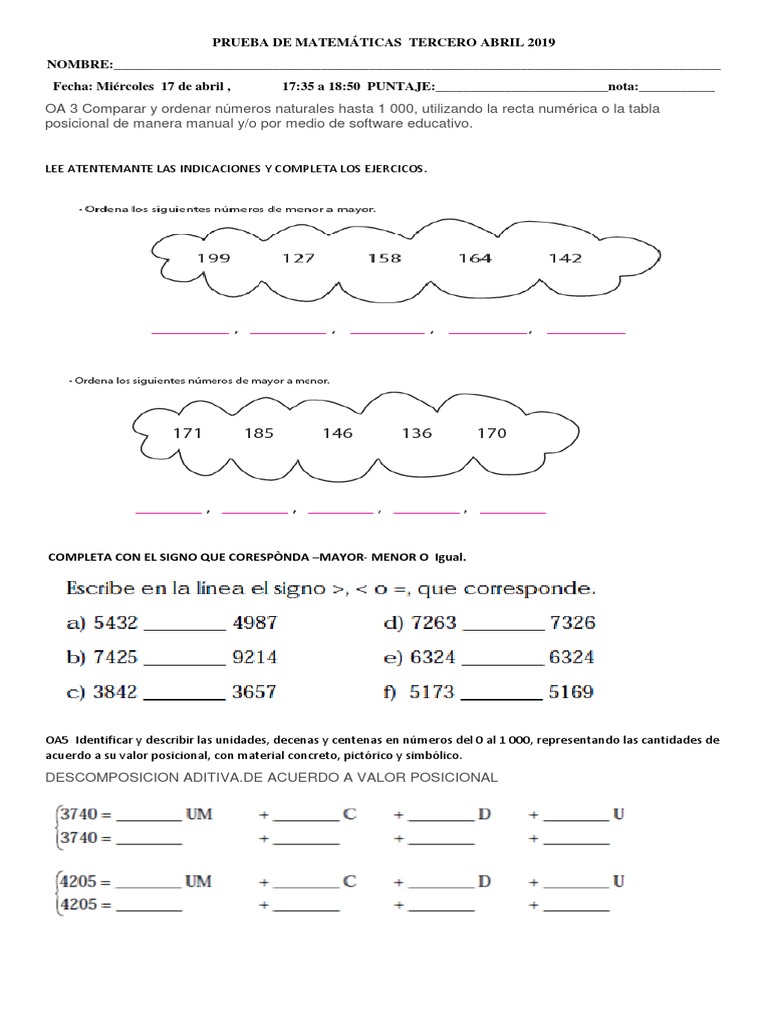 Prueba Matematicas Tercero Abril 2019 | PDF | Crecimiento personal y ...