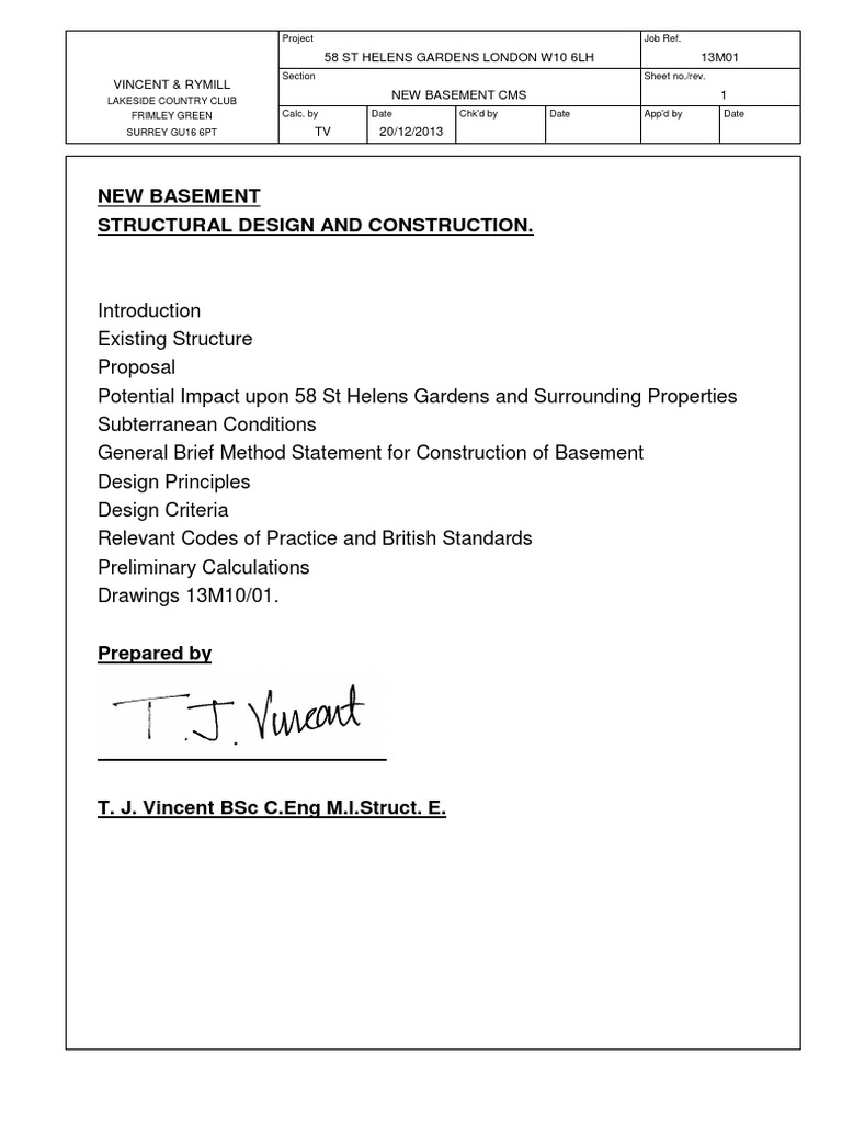 New Basement Construction Method Statement | PDF | Basement | Strength Of Materials