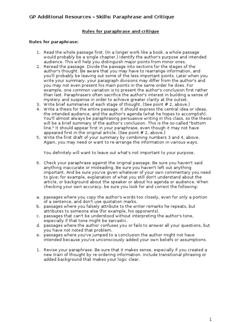 Rules For Paraphrase and Critique | PDF | Reason | Thought