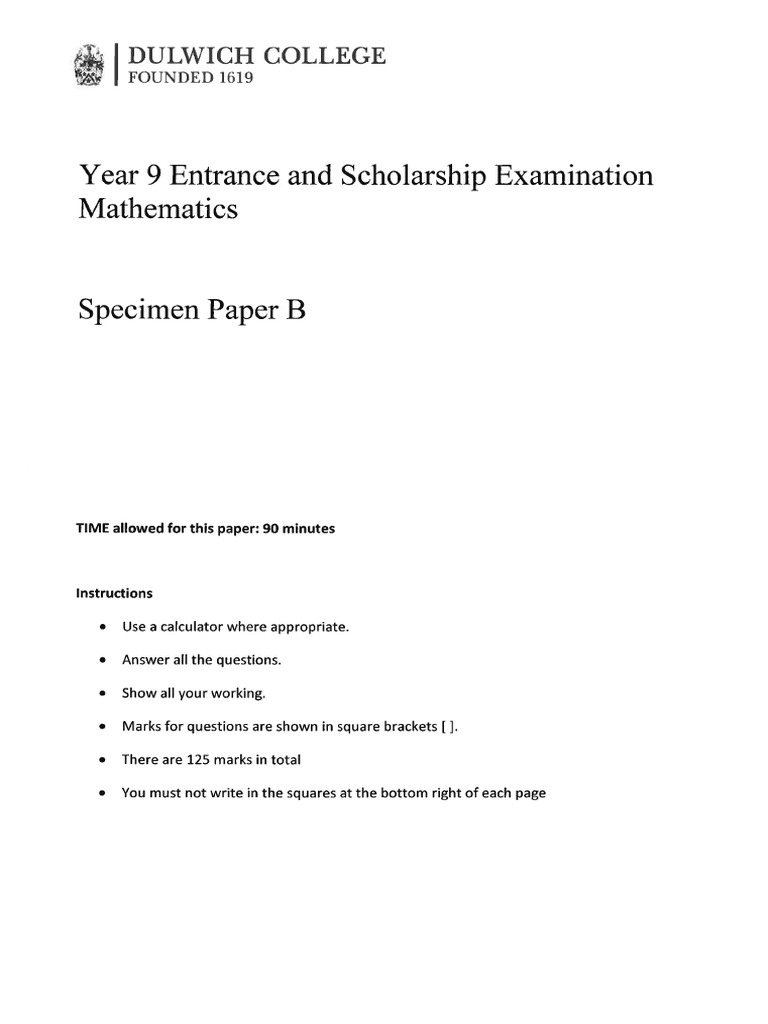 Dulwich College Year 9 Maths Specimen Test Exam Paper B | PDF