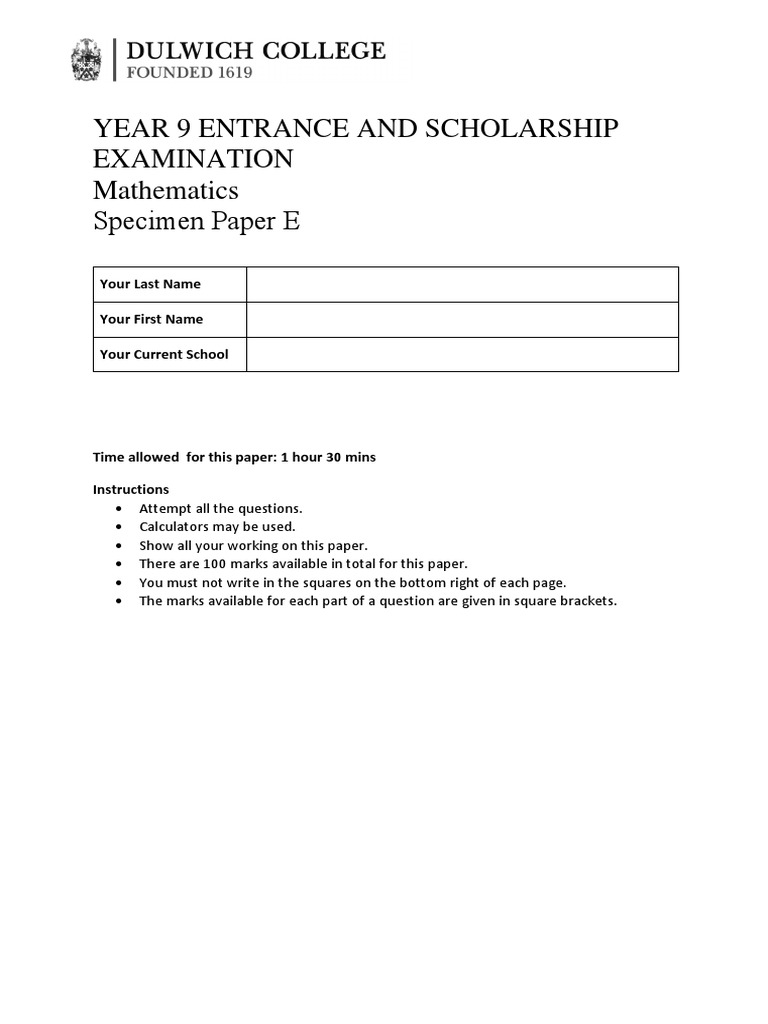 Dulwich College Year 9 Maths Specimen Test Exam Paper E | Area | Geometry