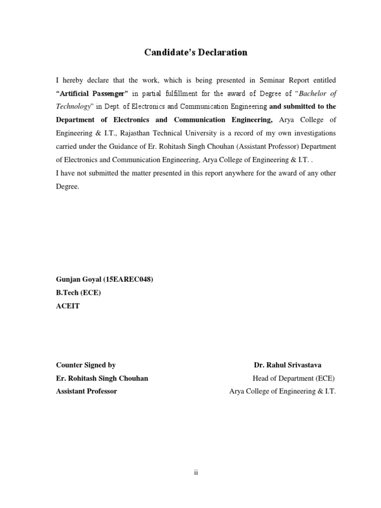 Candidate's Declaration: Technology" in Dept. of Electronics and ...