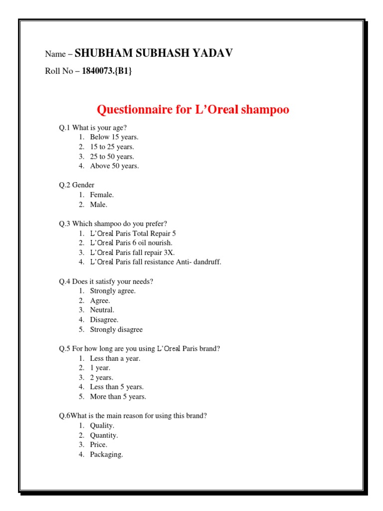 L'Oreal Shampoo Questionnaire Analysis | PDF | Correlation And ...
