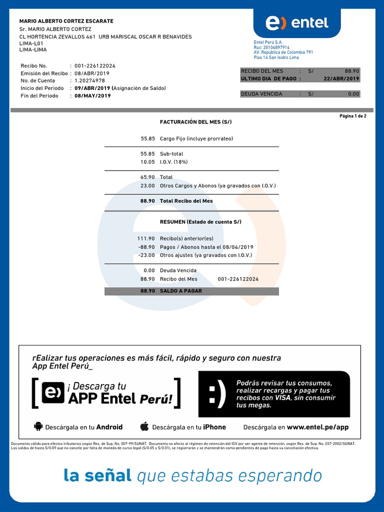 Modelo Recibo Entel | PDF | Teléfonos móviles | Telefonía móvil
