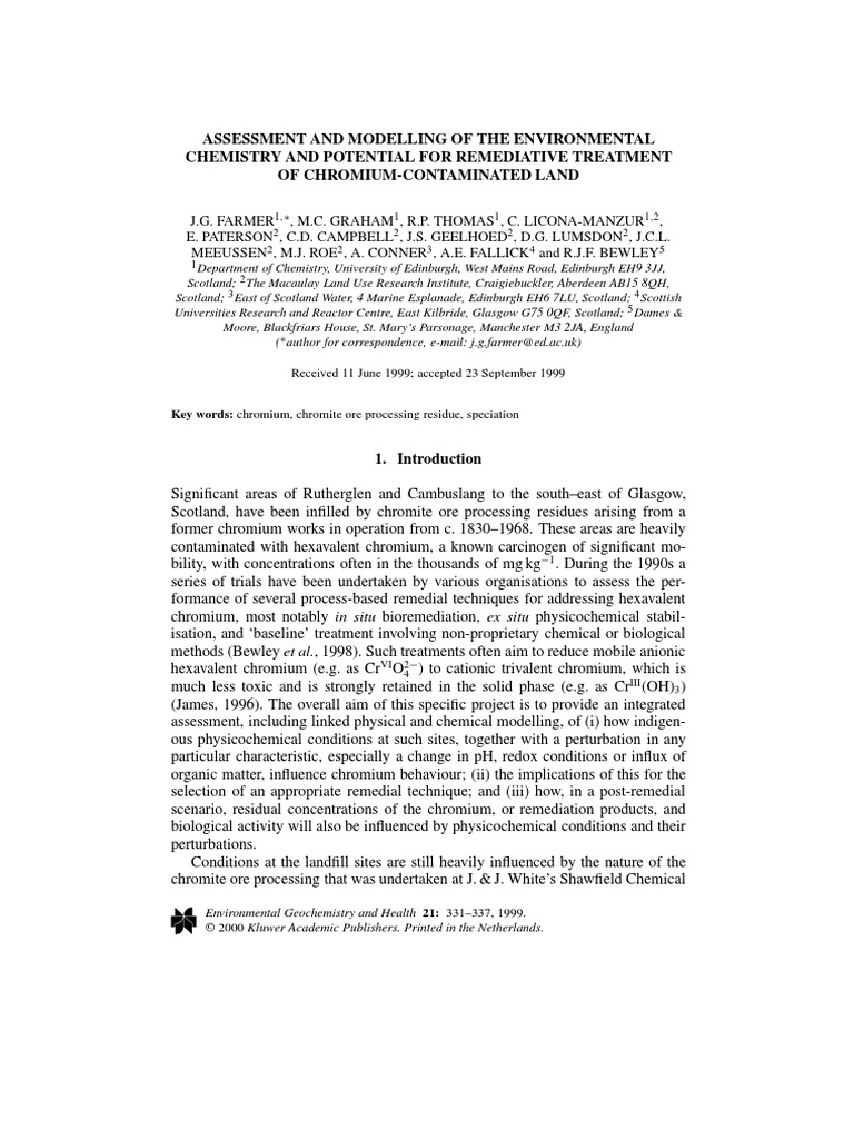 Assessment and Modelling of The Environmental Chemistry and Potential ...