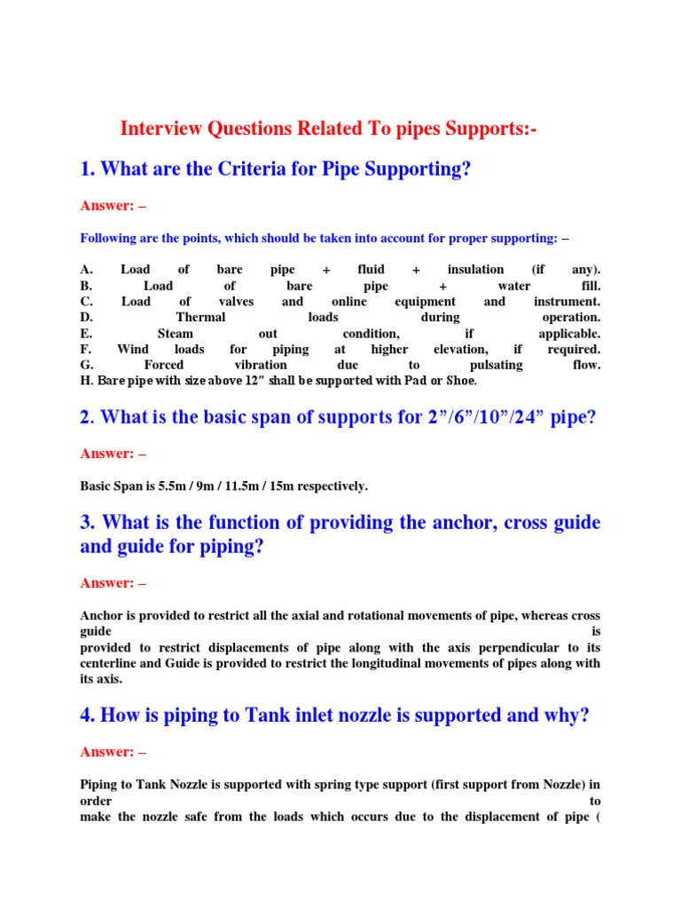 Interview Questions Related To Pipes Supports:-: 1. What Are The ...