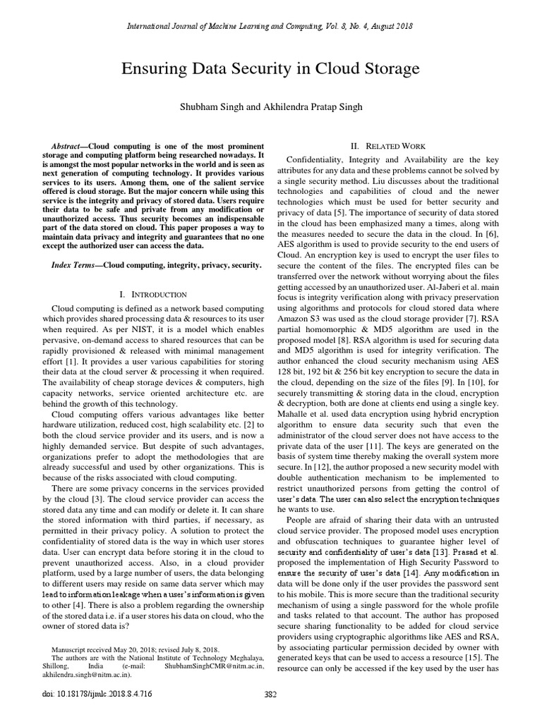 Ensuring Data Security In Cloud Storage Pdf Cryptography Key Cryptography