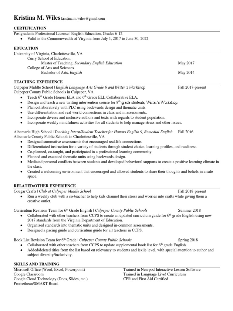 Kristina Wiles Resume 18-19 Online Version | PDF | Teachers ...